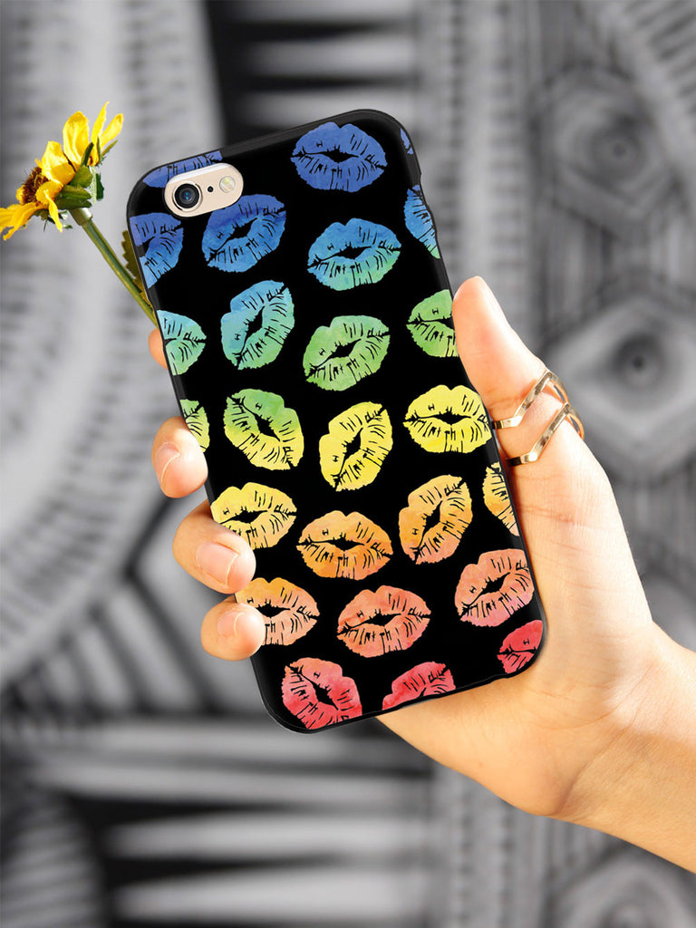 Lip Print Pattern - Watercolor Rainbow - Black Case – InspiredCases